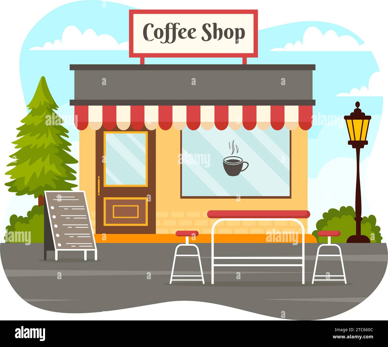Coffee Shop Vector Illustration with Interior and Furniture Suitable ...