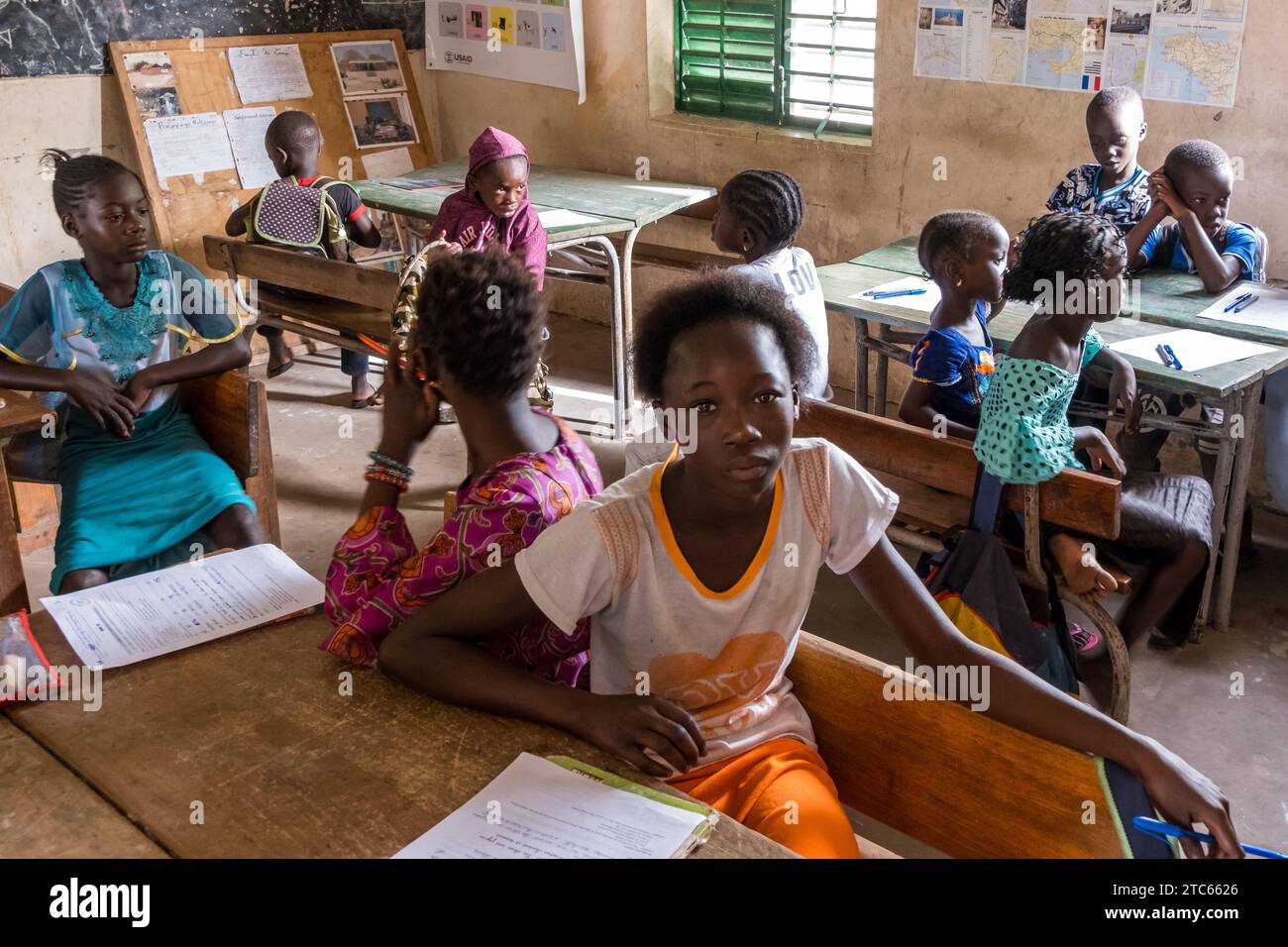 Group of children inside the school in the village of Sipo in the delta ...
