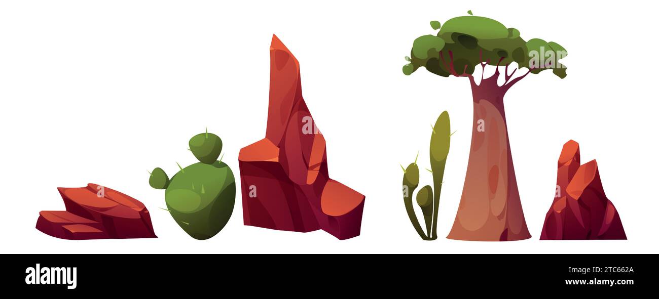 Elements for creating desert landscape - green cactus and tree, brown ...
