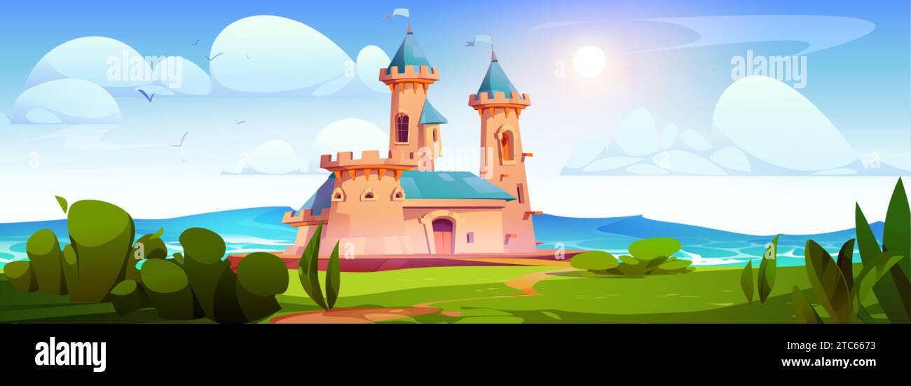Seaside castle on green island. Vector cartoon illustration of ancient ...