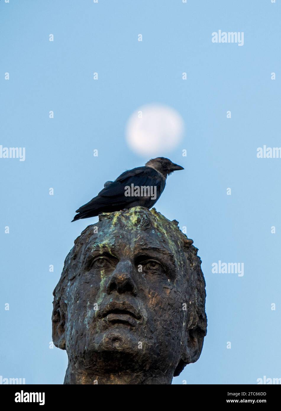 Moon and Crow, bird sitting on the bronze statue of epiphany man ...