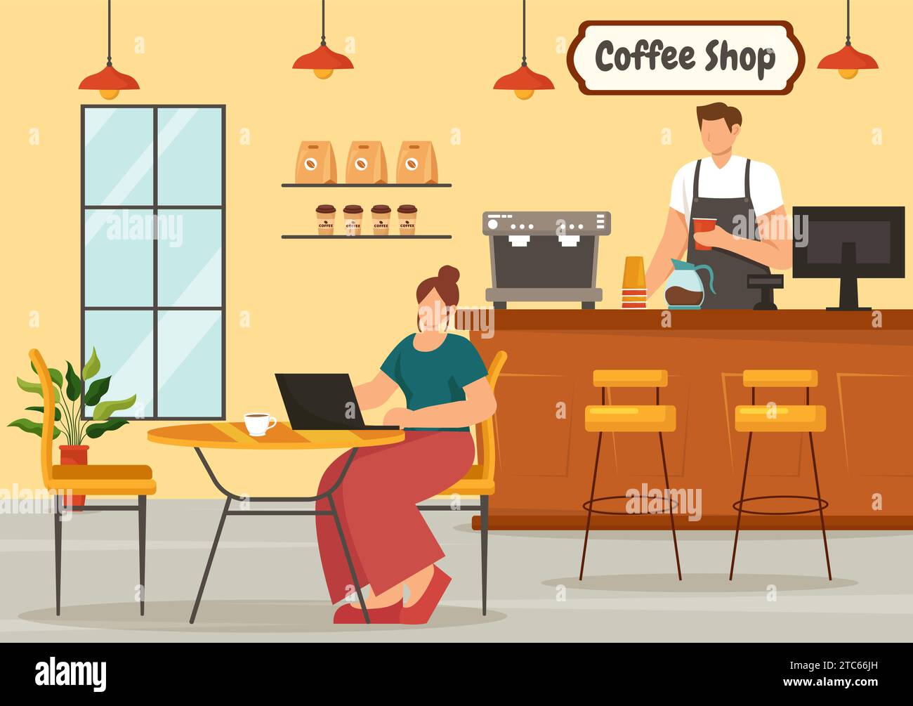 Coffee Shop Vector Illustration with Interior and Furniture Suitable ...