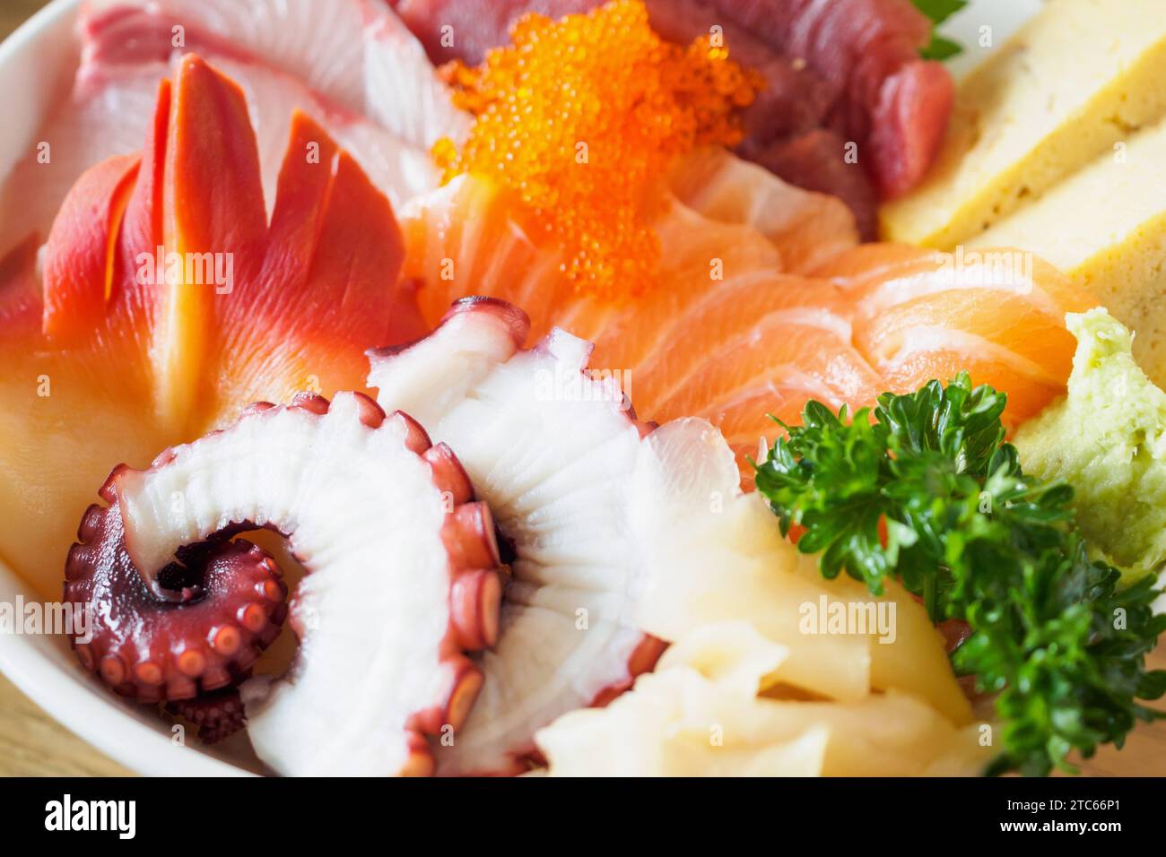 Sashimi Rice Bowl Chirashi Don Japanese food on wood table in ...