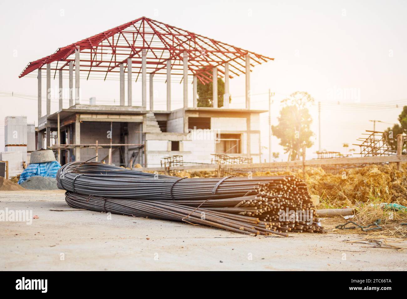 steel rebar for reinforcement concrete at construction site with house ...