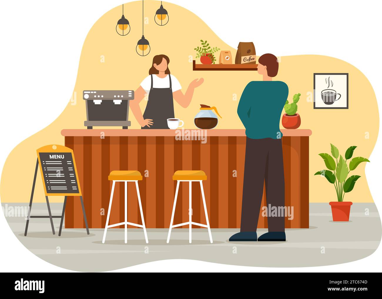 Coffee Shop Vector Illustration with Interior and Furniture Suitable ...