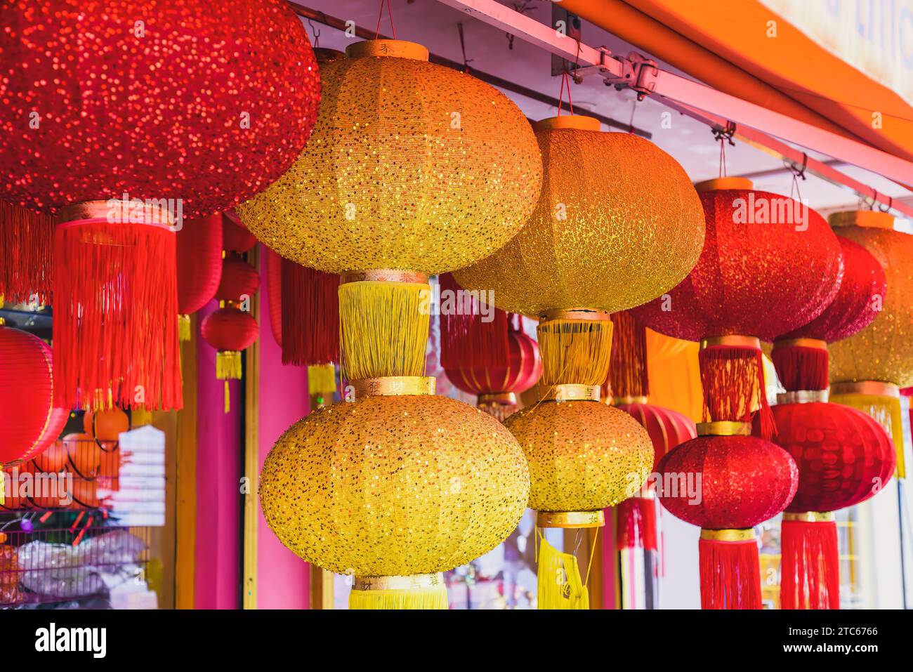 Many red and yellow lanterns hanging in Malaysia for Lunar New Year ...