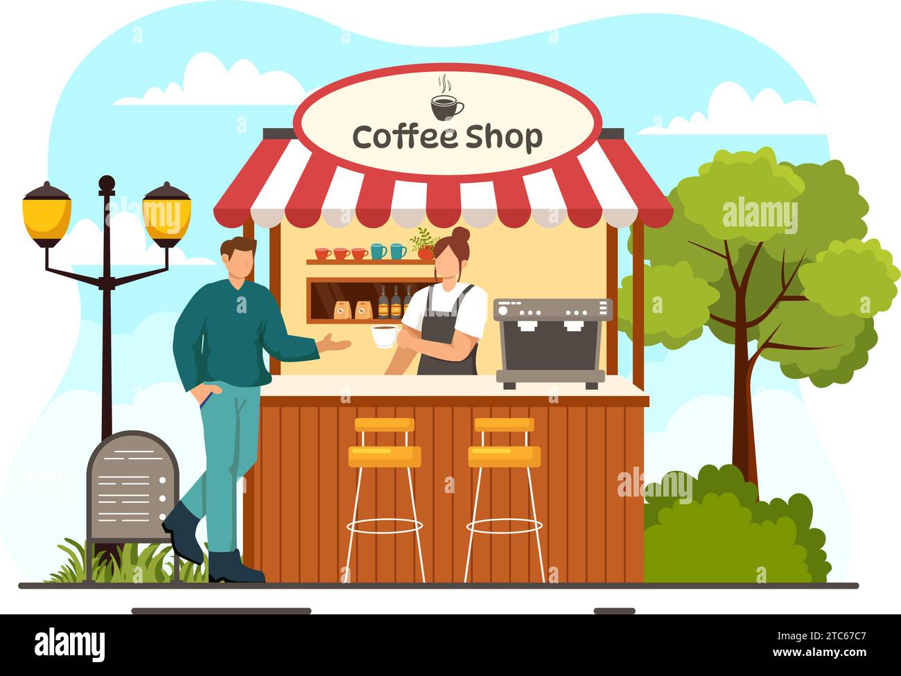Coffee Shop Vector Illustration with Interior and Furniture Suitable ...