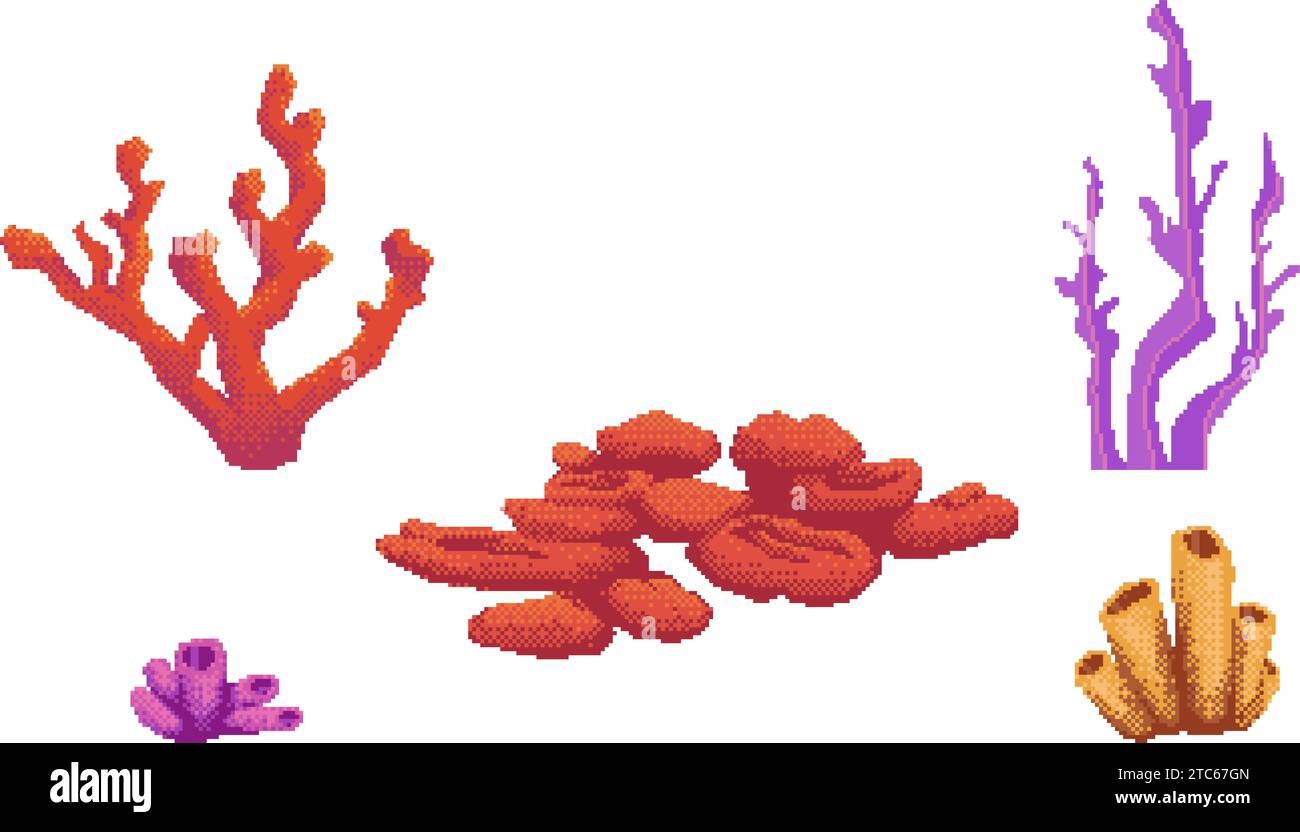 Pixel coral and seaweed set for 8-bit retro style video game or mobile ...