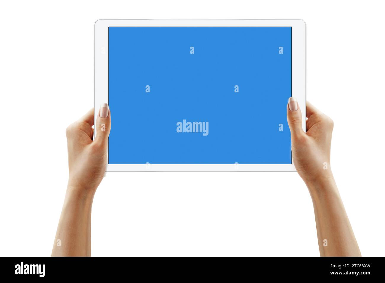 Female hands holding tablet with blank screen isolated Stock Photo - Alamy