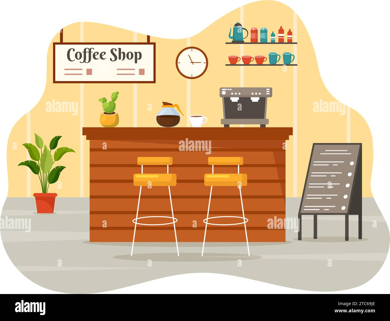 Coffee Shop Vector Illustration with Interior and Furniture Suitable ...