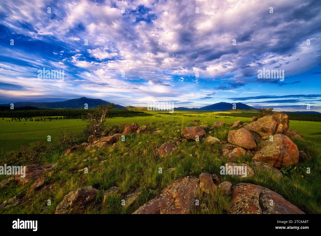 A scenic view of a green rocky field with hills in the distance ...