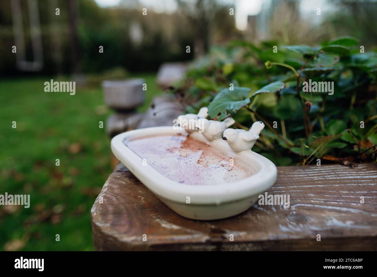 Bird bath in autumn, spring garden. White bird bath with three small ...