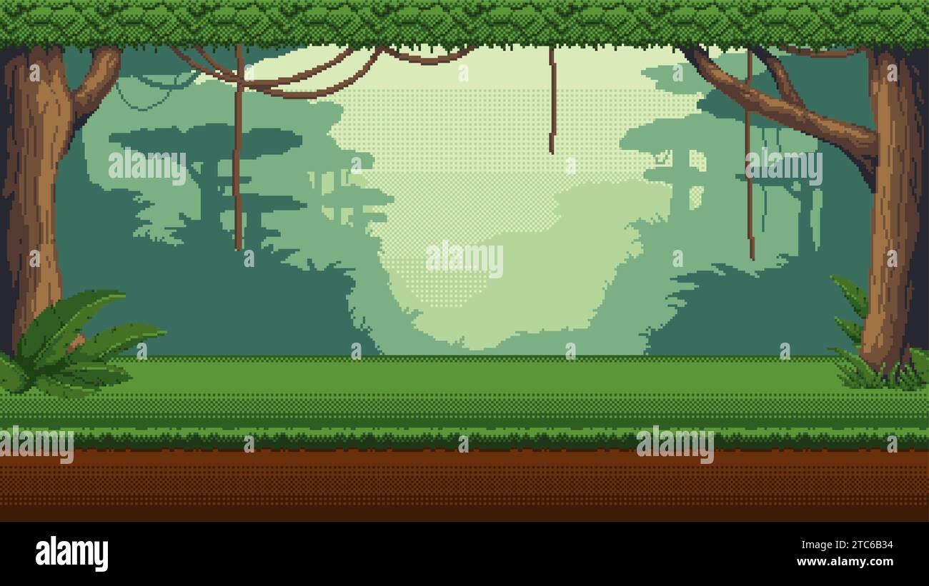Pixel Art Jungle Forest Game Location Seamless Rainforest Vector