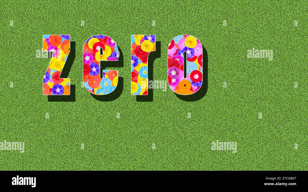 Text, graphics, English word Zero and floral pattern on green ...