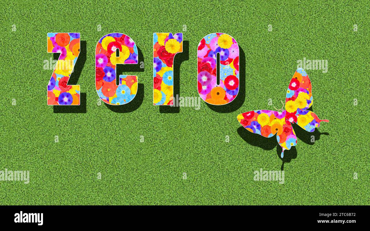 Text, graphics, English word Zero with butterfly and floral pattern on ...