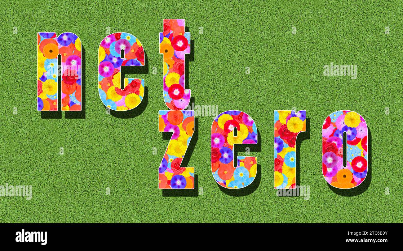 Text, graphics, English word net zero with floral pattern on green ...