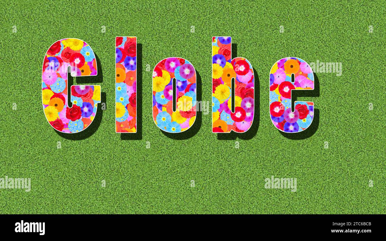 Text, graphics, English word globe with floral pattern on green ...