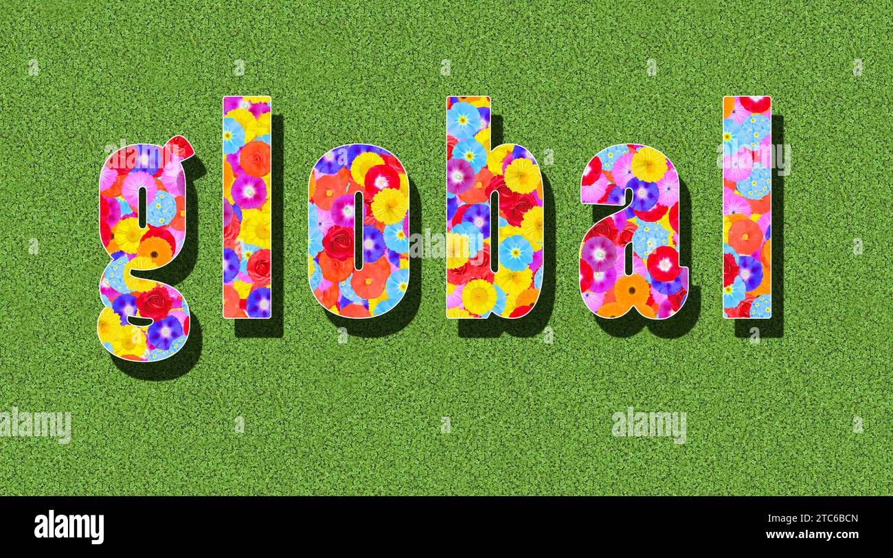 Text, graphics, English word global with floral pattern on green ...