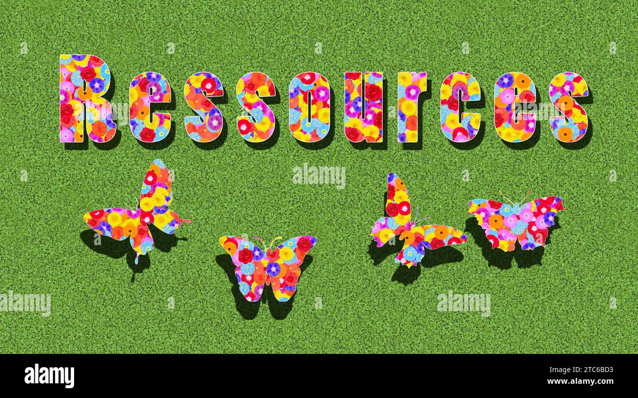 Text, graphics, English word Ressources with butterfly and floral ...