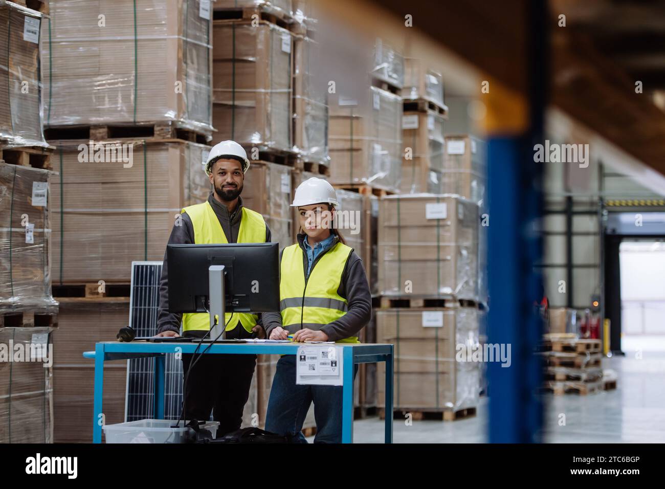 Warehouse manager talking with logistics employee in warehouse ...