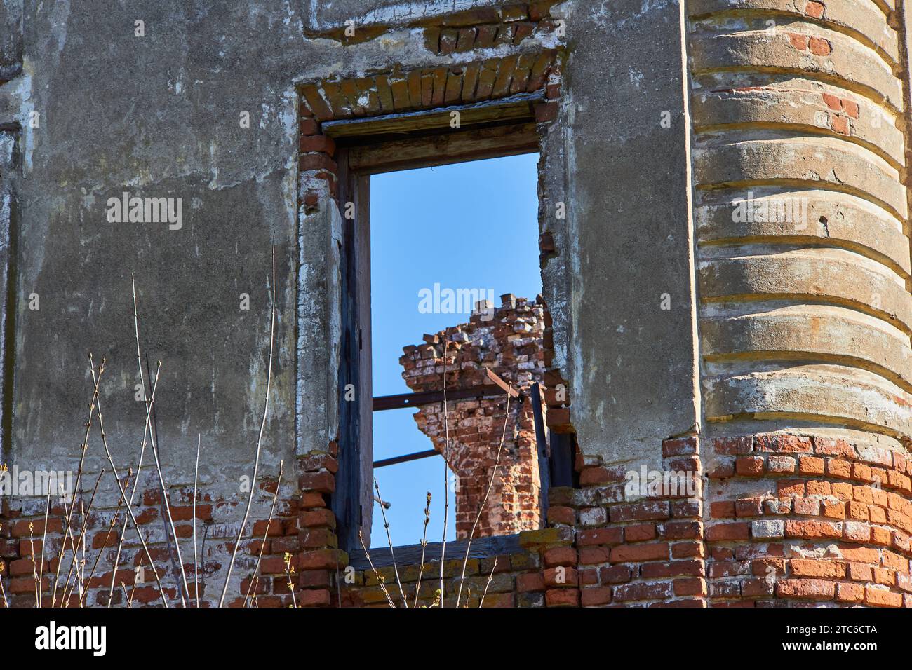 Rectangular window without glass in an old abandoned brick house Stock ...