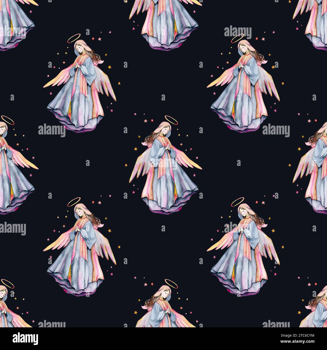 Watercolor angels, stars seamless pattern. Hand drawn catholic ...