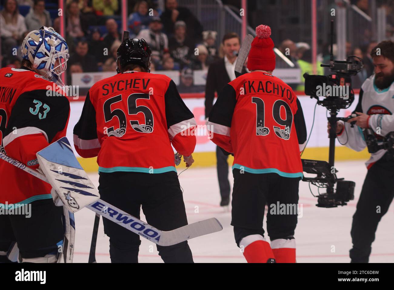 Saint Petersburg, Russia. 10th Dec, 2023. Vladimir Tkachev (19), Dmitry Sychev (55) a hockey ...