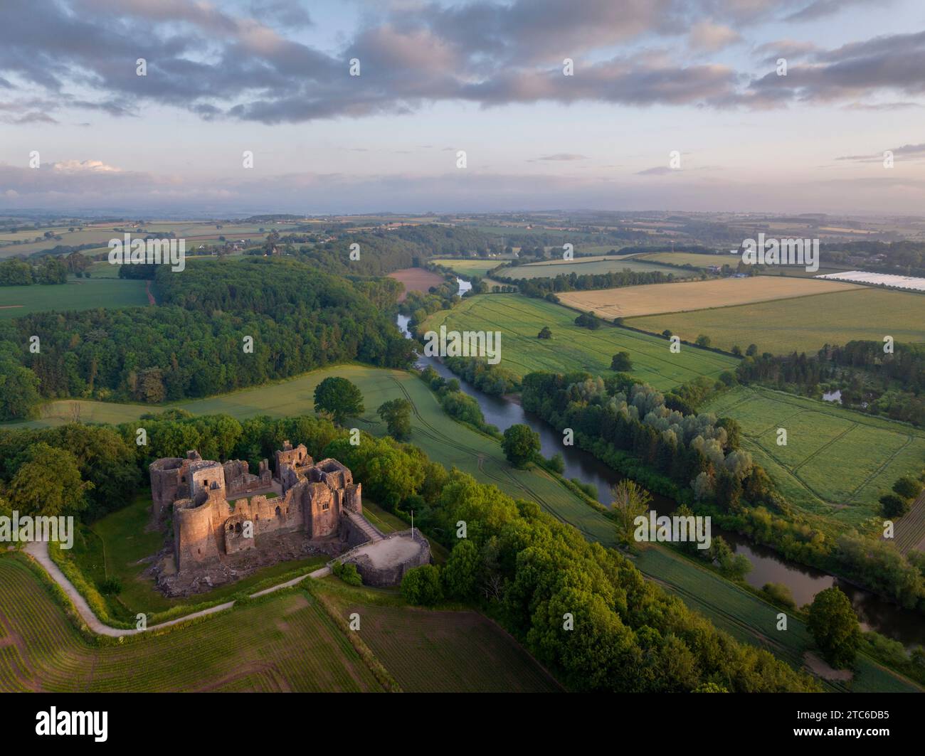 Aerial view of Goodrich Castle at dawn, Ross-on-Wye, Herefordshire, England. Spring (June) 2023 ...