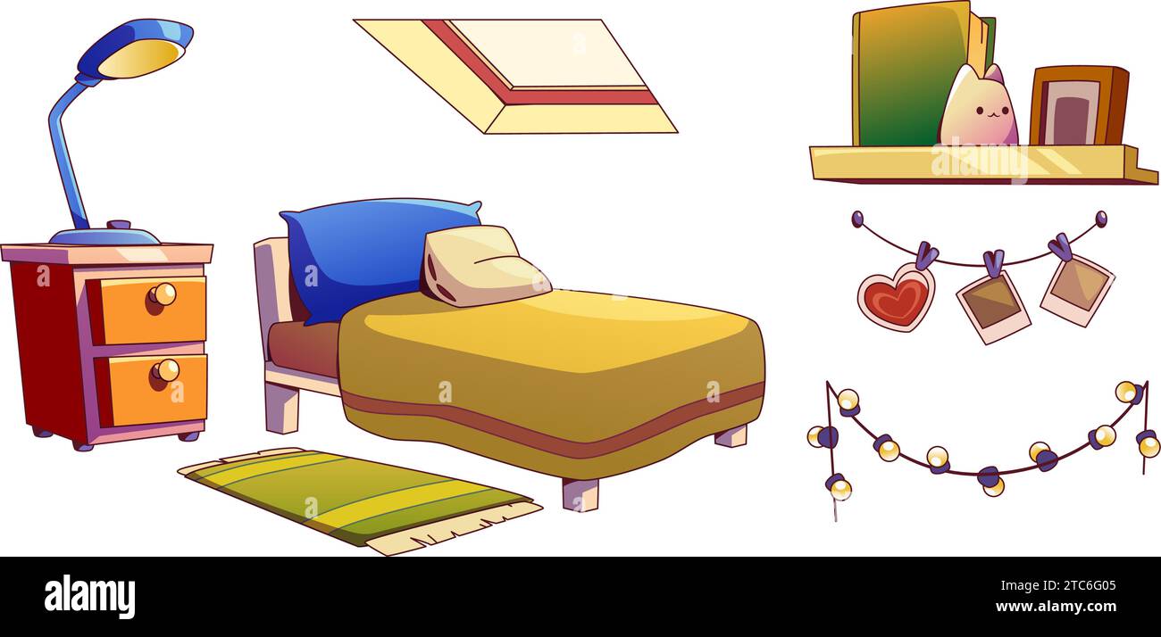 Kids attic bedroom furniture set isolated on white background. Vector ...