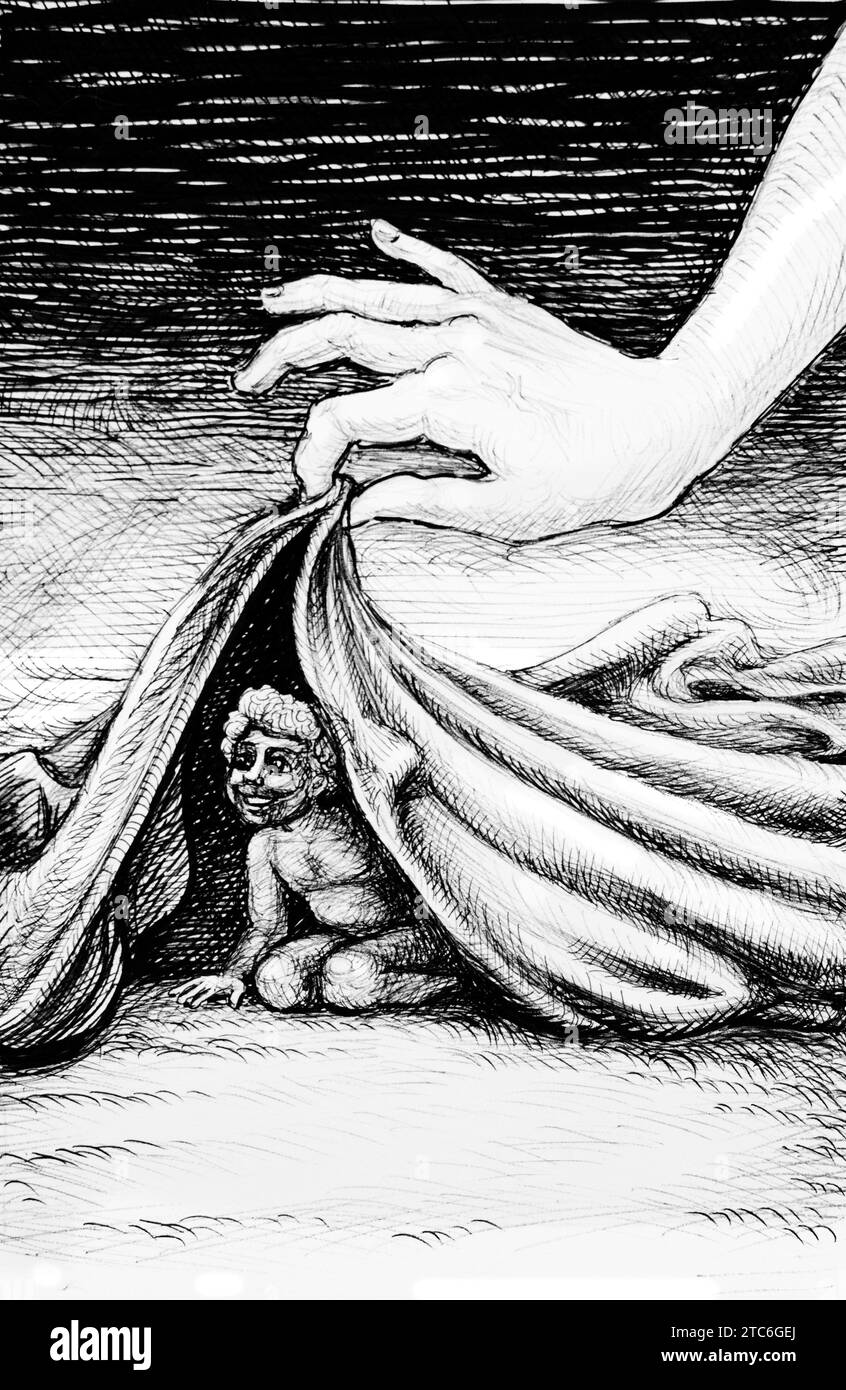 Ink drawing conceptual illustration of a child discovering the world ...