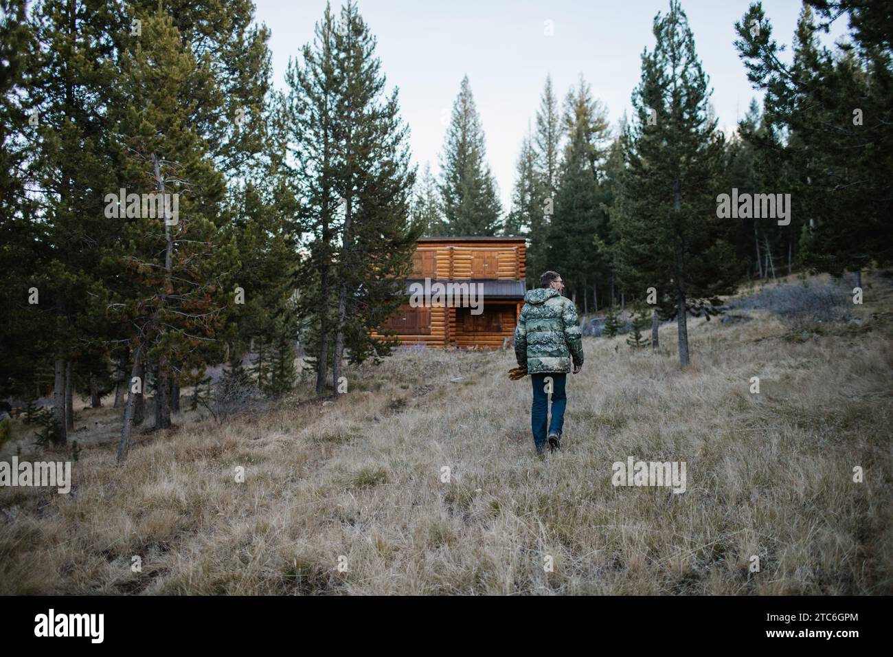 Man approaching a rustic cabin in the Idaho wilderness Stock Photo - Alamy