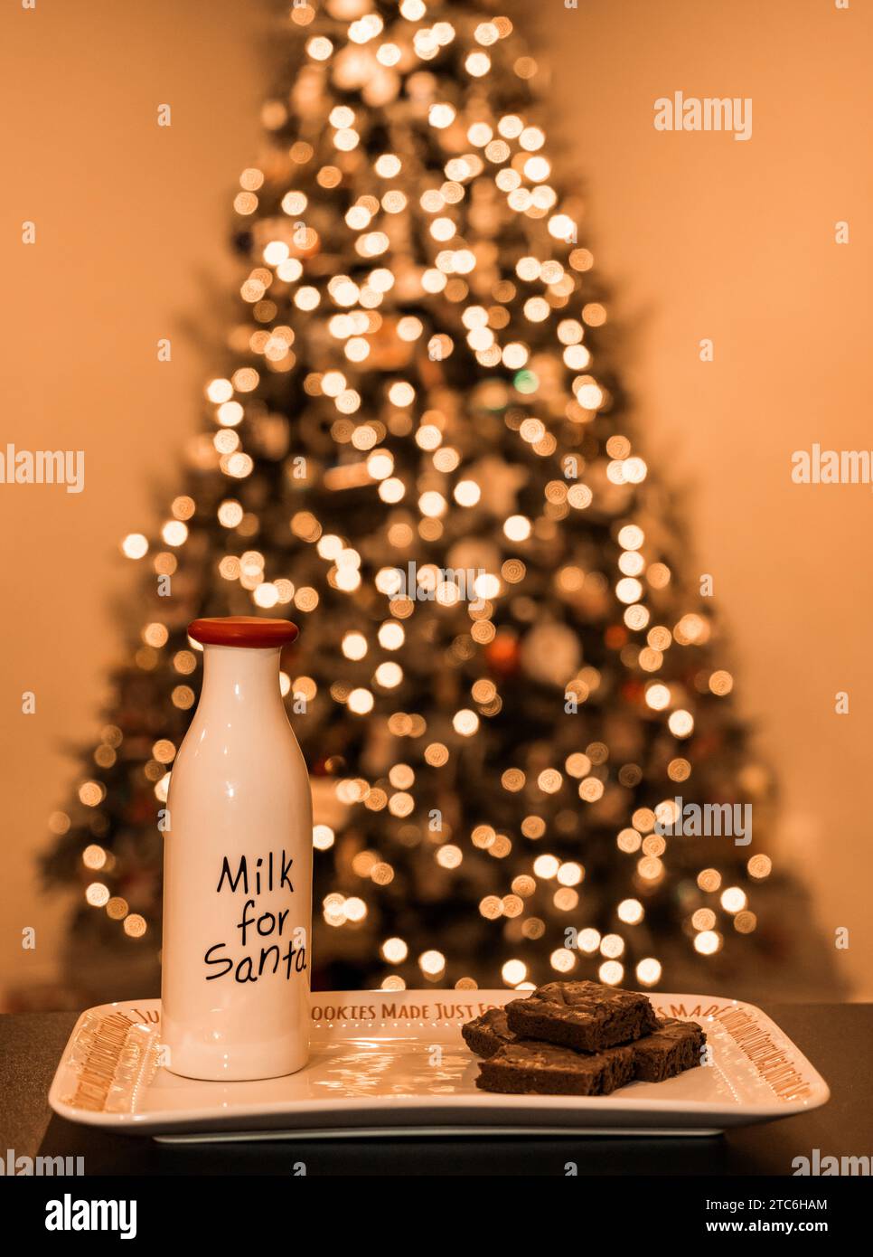 Milk for Santa and brownies in front of a large christmas tree Stock ...