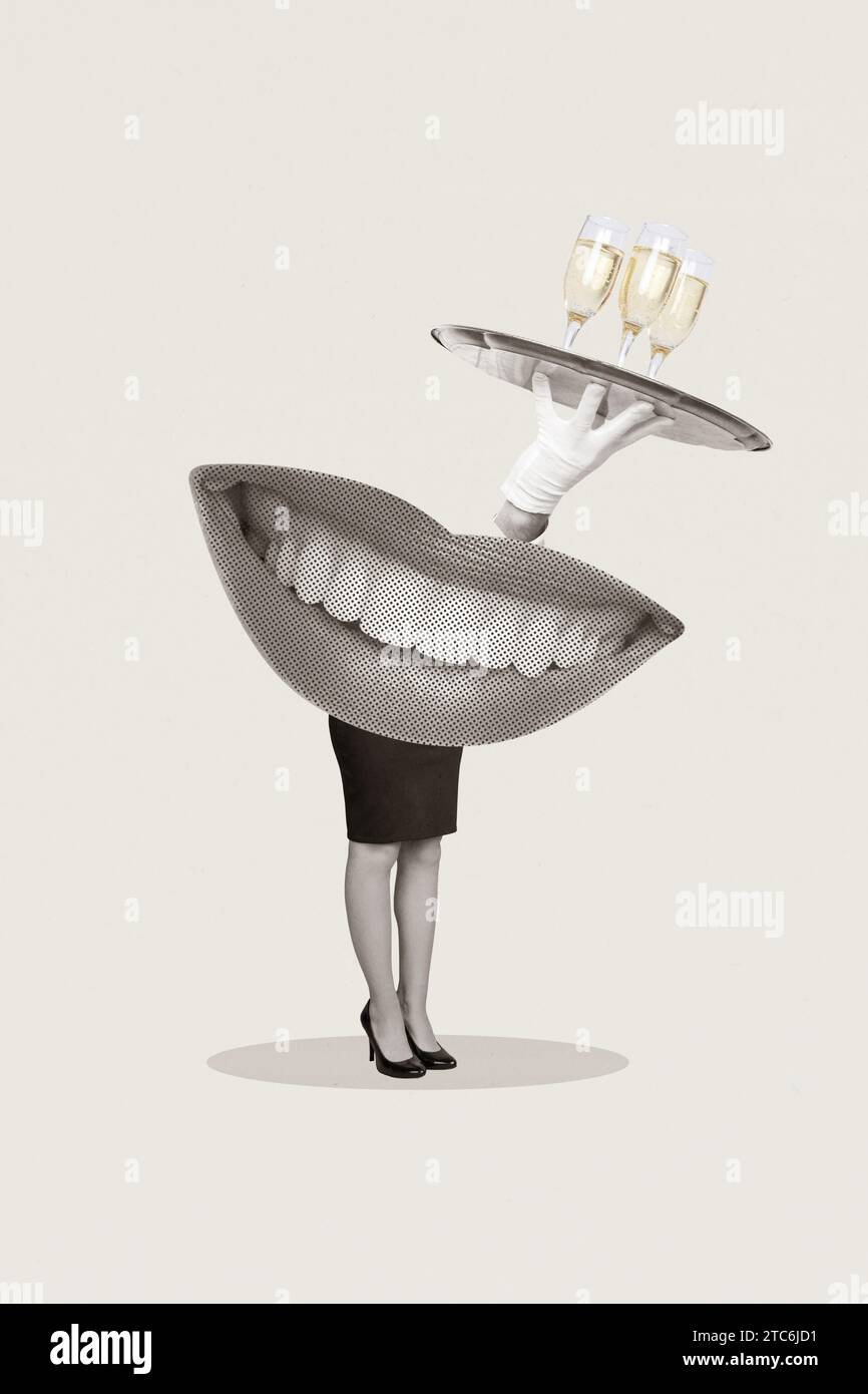 Creative absurd surreal collage of luxury waitress headless lady toothy ...