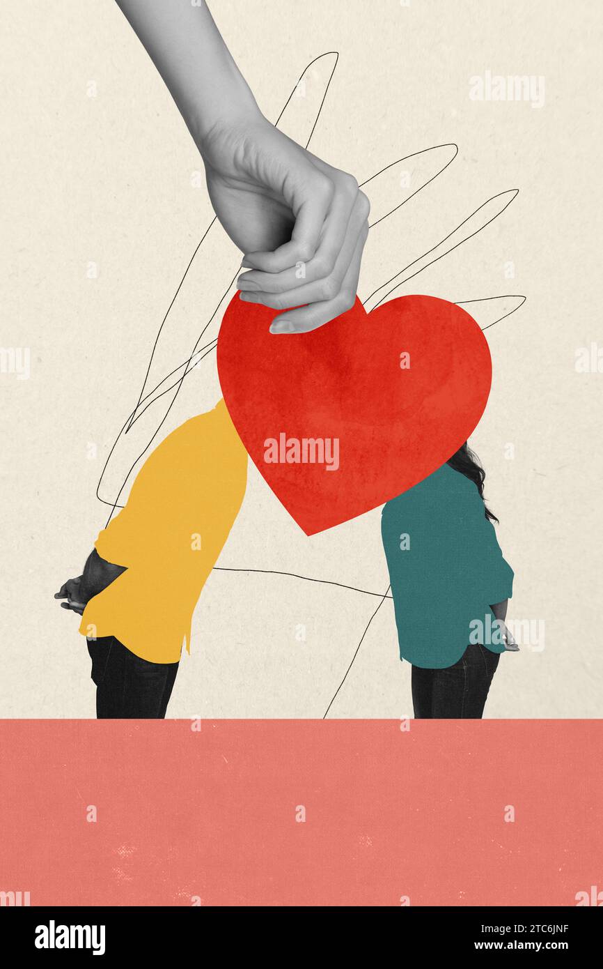 Vertical collage image of black white effect arm hold heart symbol ...