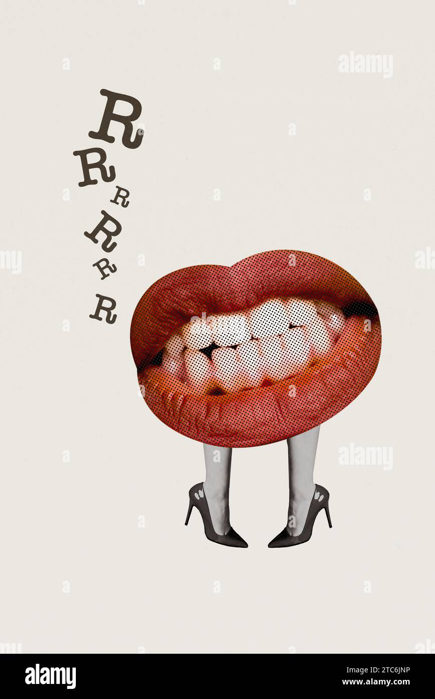 Vertical image collage picture of weird body female mouth red lips ...