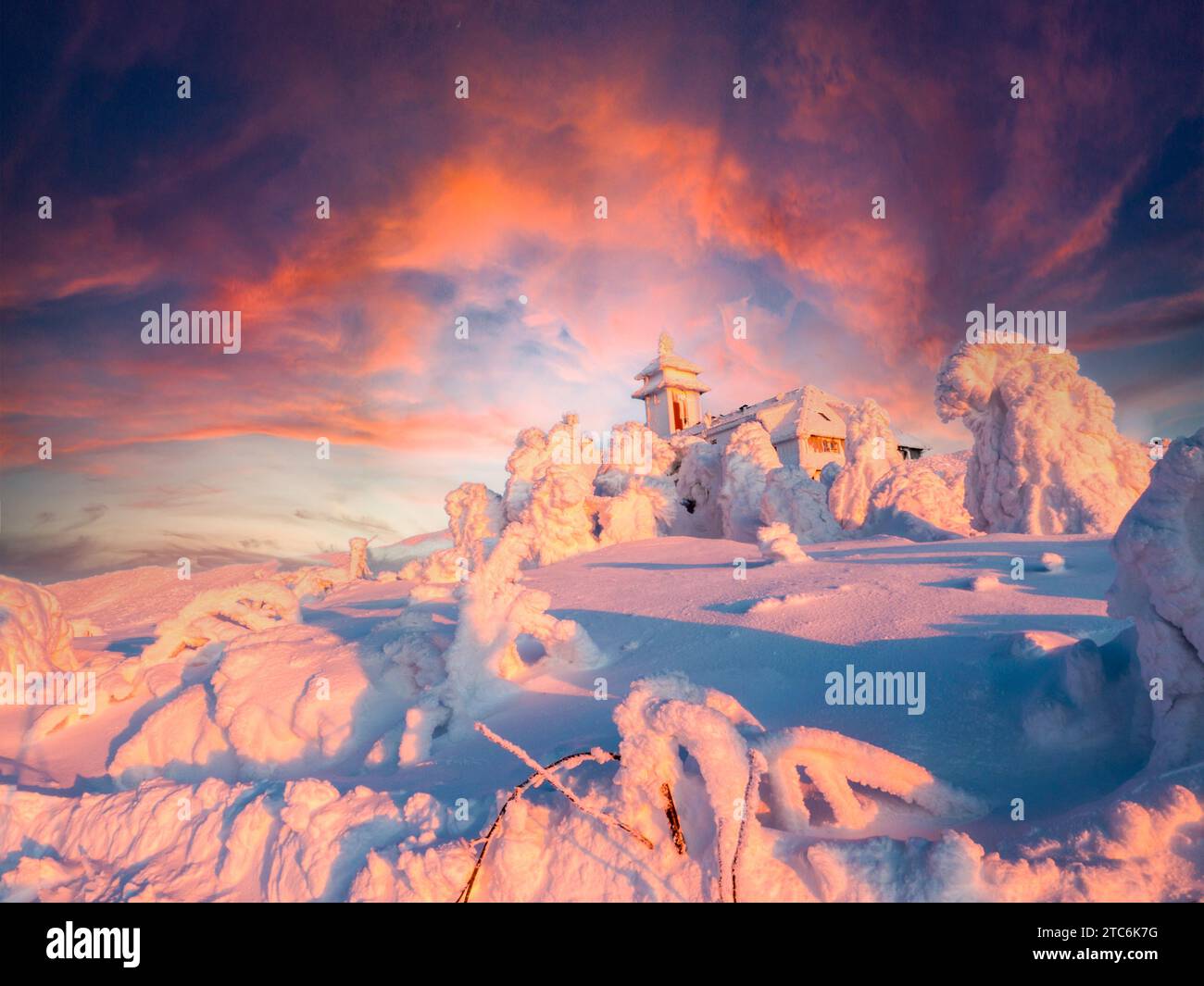 On the summit of Fichtelberg in winter at sunset, Saxony Germany Stock ...
