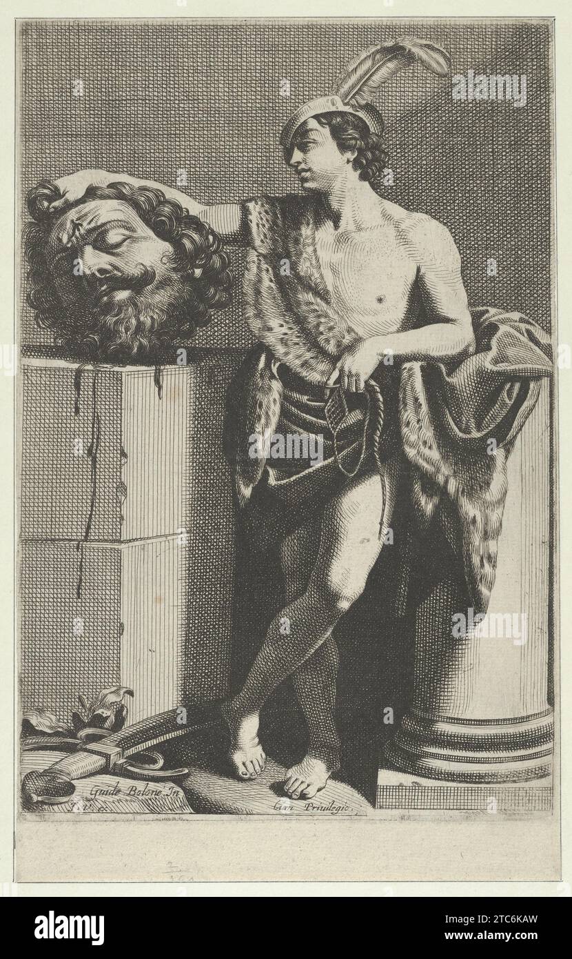 David standing with crossed legs and holding the head of Goliath on a ...