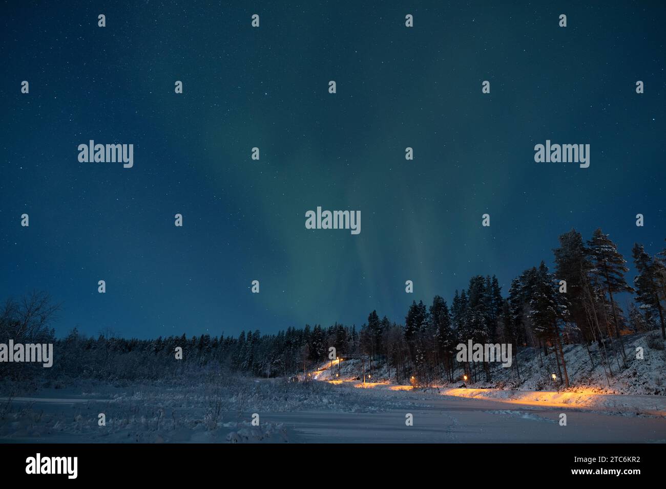 A scenic view of the northern lights over a snowy forest in Ivalo ...