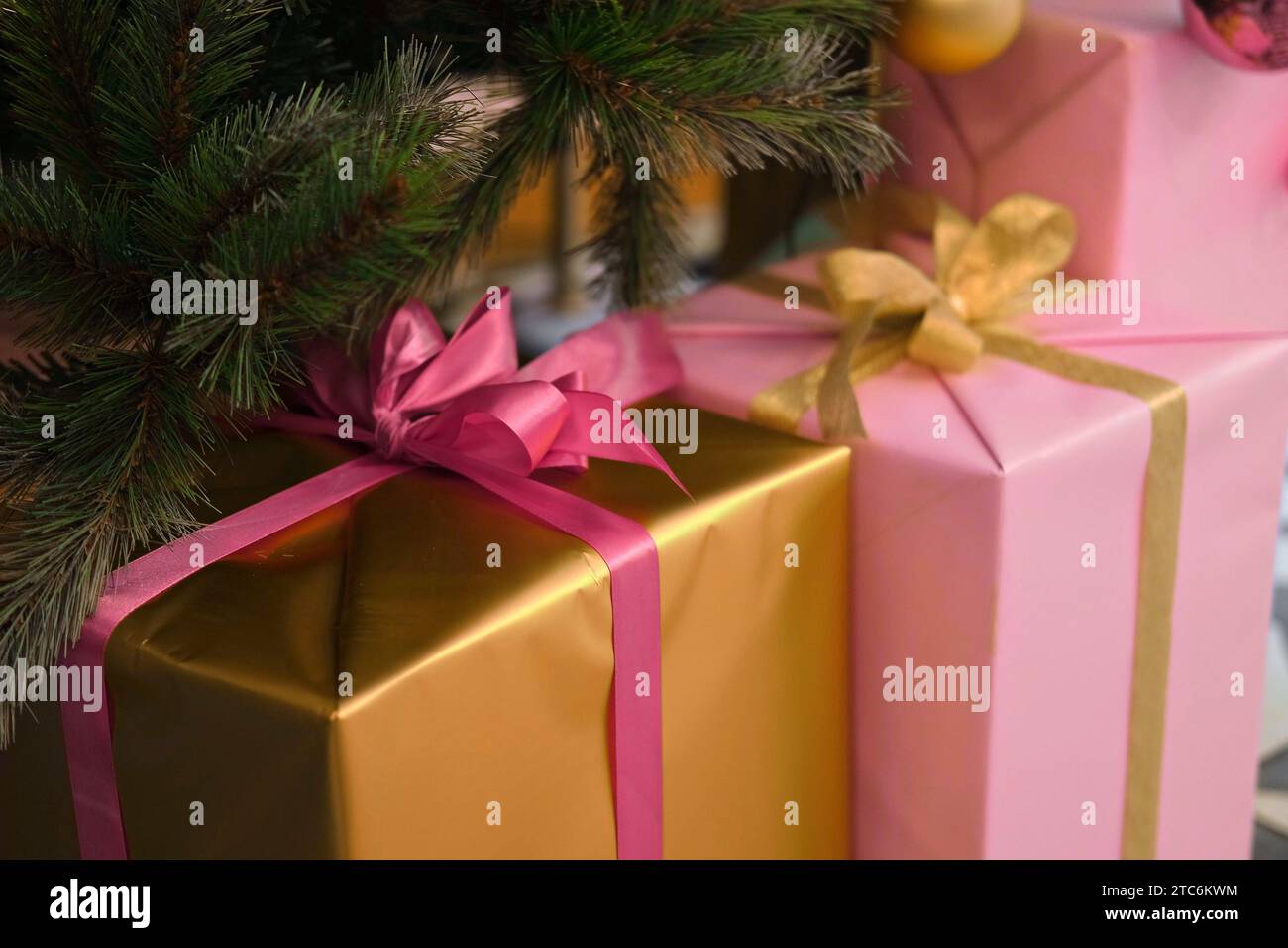Big Wrapped Gift Boxes Is Under the Christmas Tree. Pink and Gold Gift ...