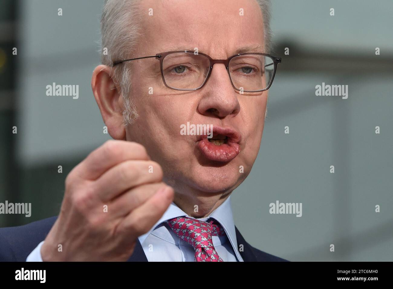 UK's Secretary of State Michael Gove speaks to the media outside BBC ...