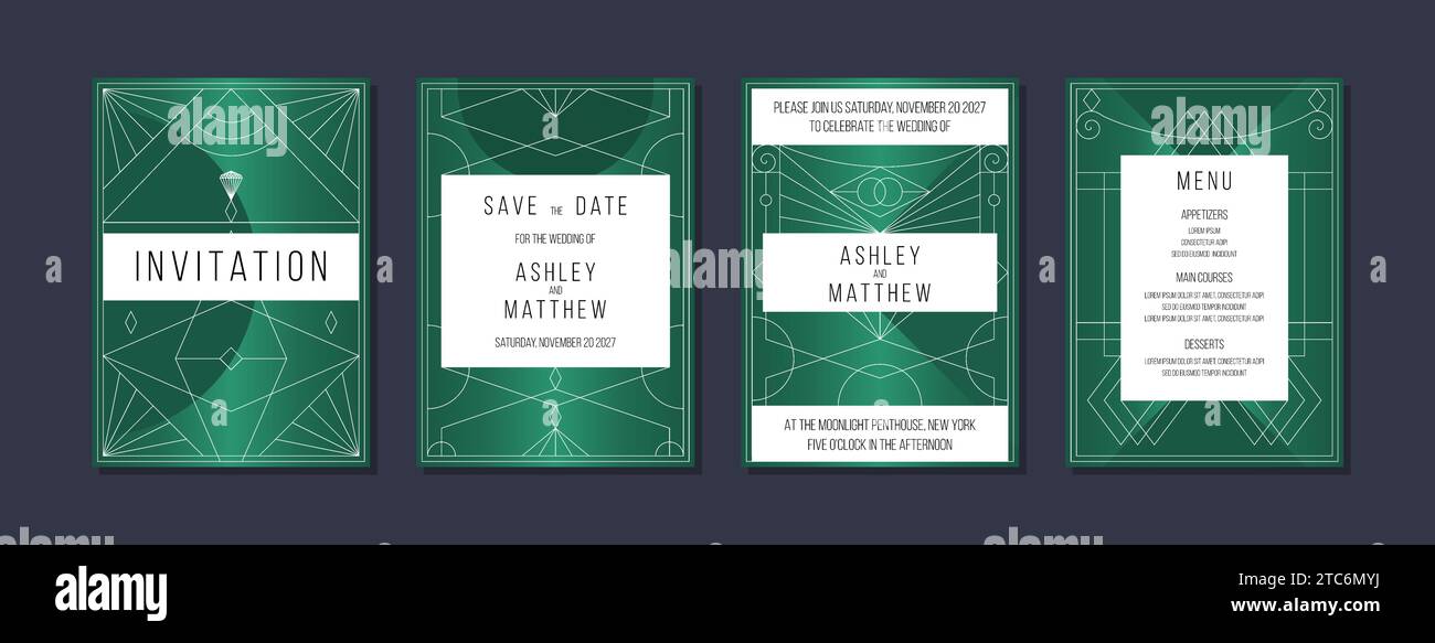 Art deco style wedding invitation. Bottle green color streamlined ...