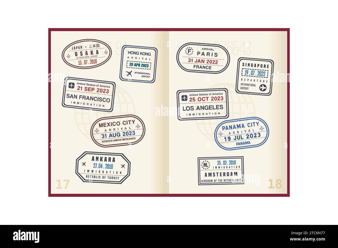 Passport stamps on open passport pages. Many visa stamps. Traveler passport Stock Vector Image ...