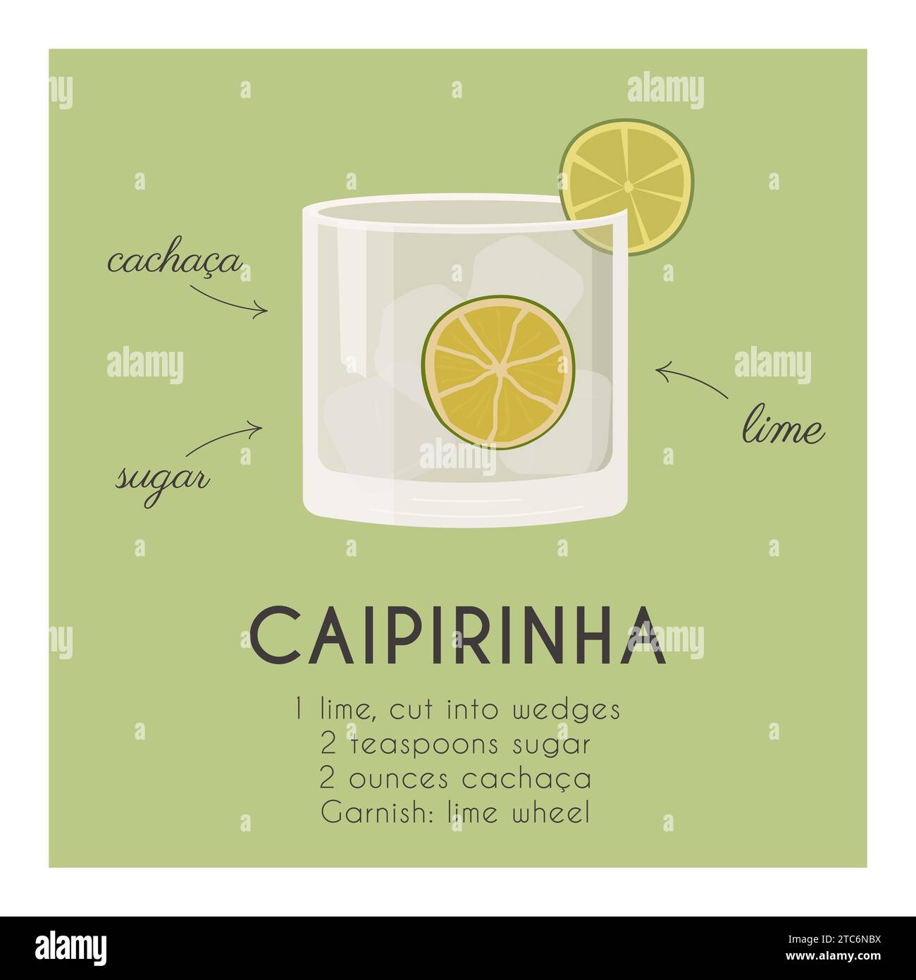 Classic Caipirinha Cocktail recipe. Beverage garnished with lime. Modern trendy print. Summer ...