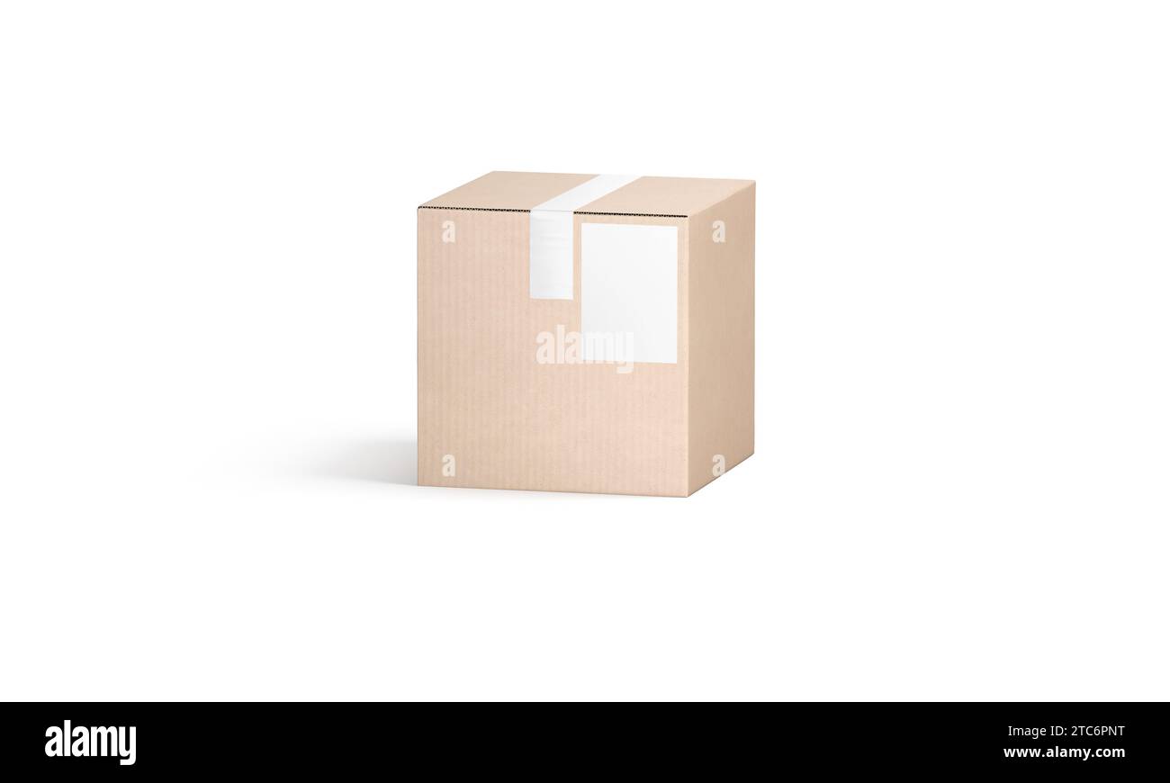 Blank white shipping label on craft box mockup, front view, 3d ...