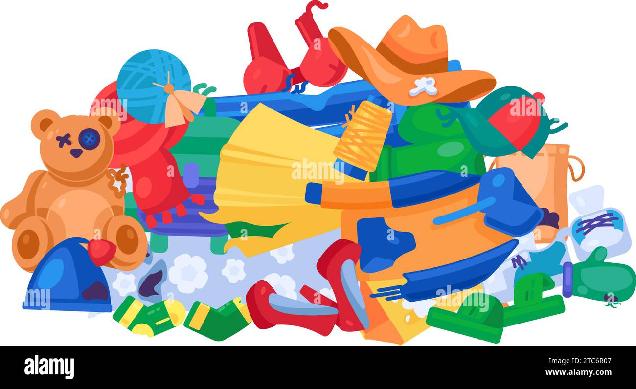 Old unwanted clothes and toys piled up in big pile. Heap of old textile ...