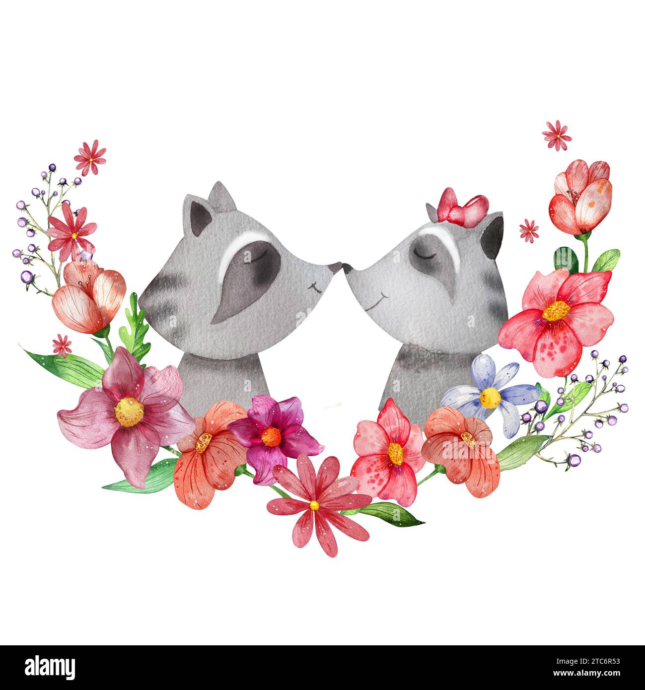 cute lovesick raccoons. watercolor illustration on framed in flowers ...