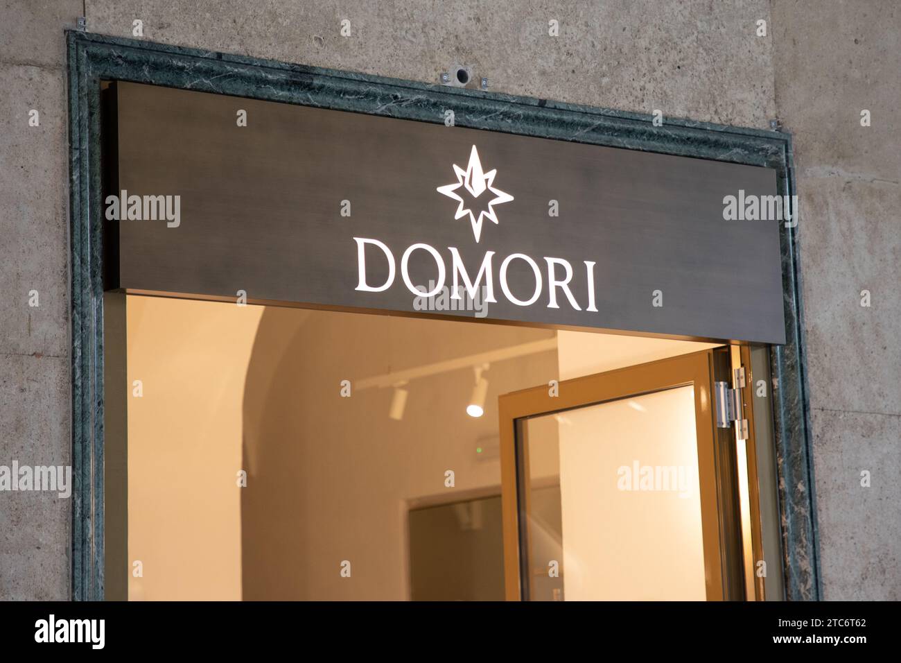 milan , italy - 11 16 2023 : domori logo brand and sign text facade ...