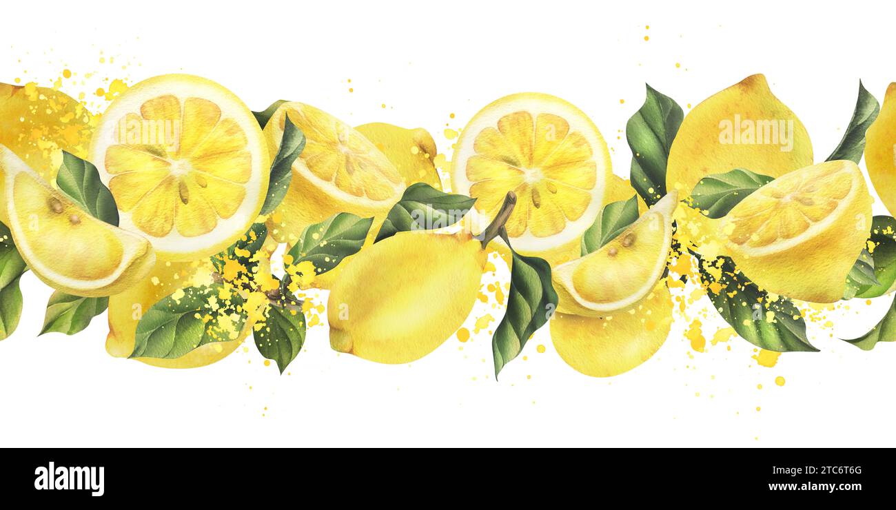 Lemons are yellow, juicy, ripe with green leaves, whole and slices ...