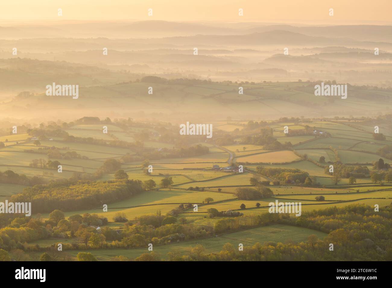 Beautiful morning sunlight on the rolling green fields of Bannau ...