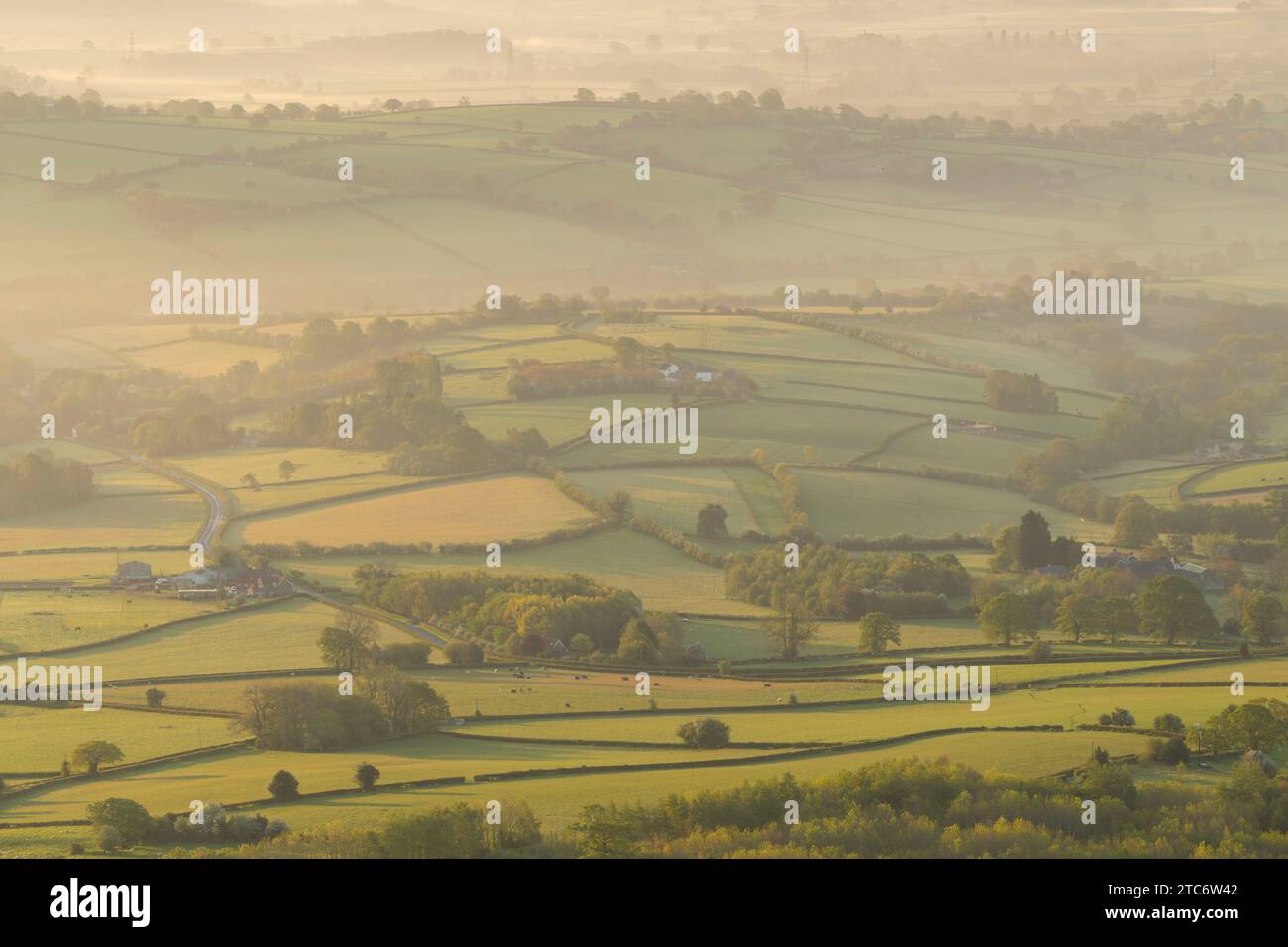 Beautiful morning sunlight on the rolling green fields of Bannau ...
